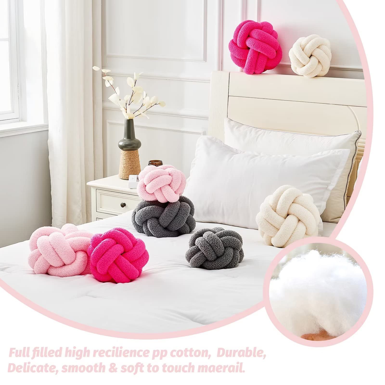 Uvvyui Knot Pillow Ball, Soft Pink Home Decor Knotted Pillows, Handmade Round Plush Throw Pillow, Aesthetic & Cute Large Decorative Pillows for Bed, Floor, Couch, Bedroom Home Decor 8 inches
