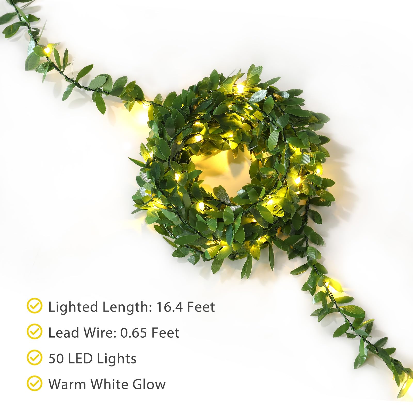 Mikasol Artificial Garland with Led Fairy Lights Battery Operated, 1 Pack Leaf Lights, Vine Hanging Lights for Bedroom, Christmas, Parties, Wedding, Centerpiece, Decoration (5m/16ft Warm White)