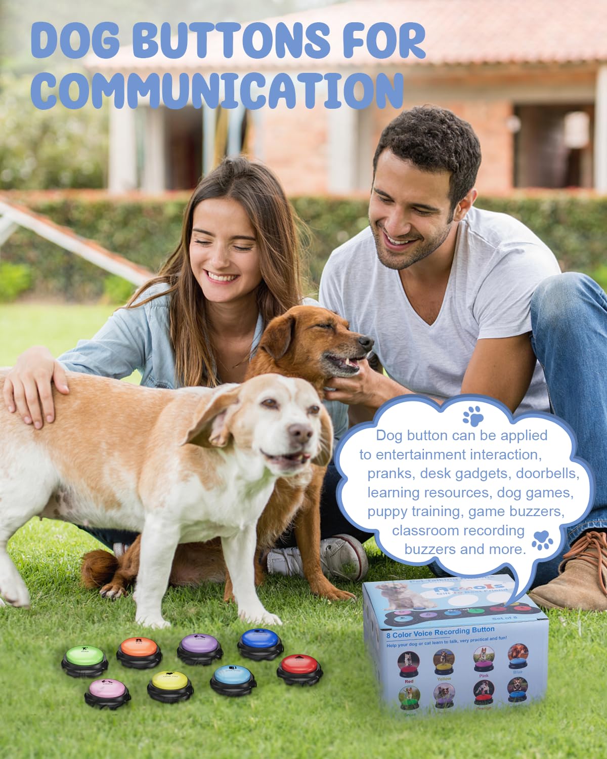 Dog Buttons for Communication, 8 Pcs Dog Talking Button Set, 30s Recordable Voice Pet Buzzer Training Buttons, Speaking Button for Dogs with Waterproof Anti-Slip Dog Button Mat and 24 Scene Stickers
