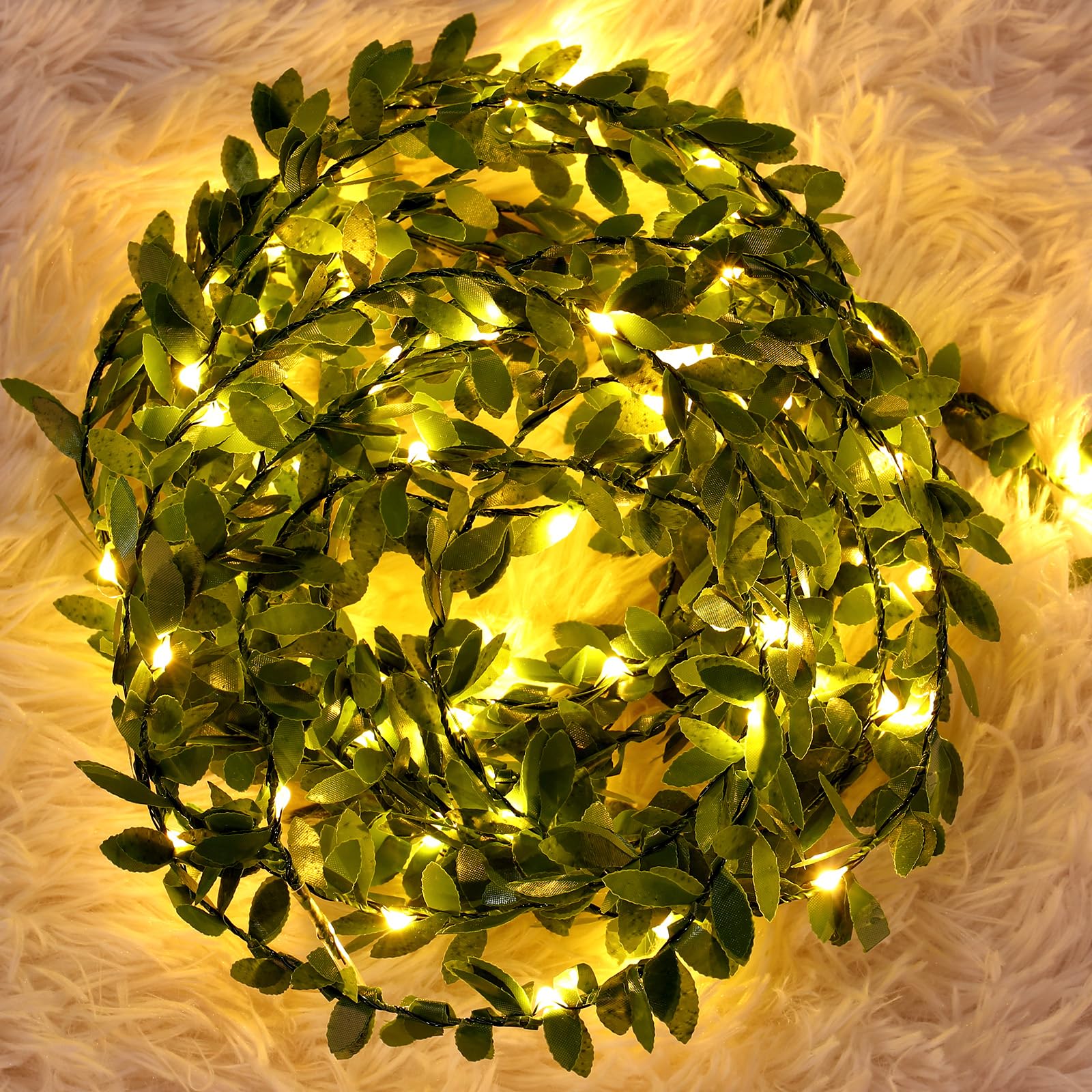 Mikasol Artificial Garland with Led Fairy Lights Battery Operated, 1 Pack Leaf Lights, Vine Hanging Lights for Bedroom, Christmas, Parties, Wedding, Centerpiece, Decoration (5m/16ft Warm White)