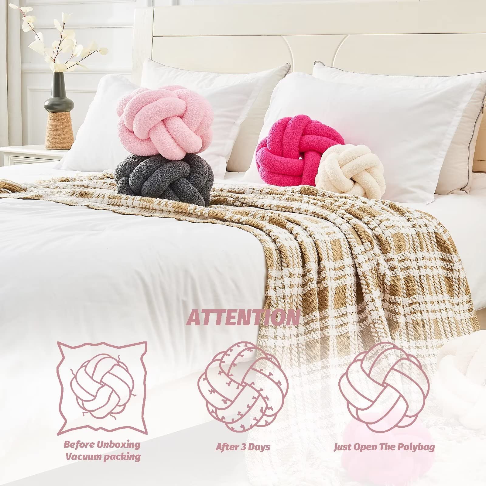 Uvvyui Knot Pillow Ball, Soft Pink Home Decor Knotted Pillows, Handmade Round Plush Throw Pillow, Aesthetic & Cute Large Decorative Pillows for Bed, Floor, Couch, Bedroom Home Decor 8 inches