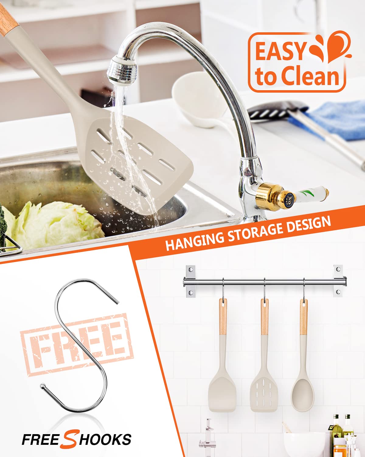 Pack of 3 Silicone Spatula, Non Stick Cooking Utensil Set Wooden Handle Kitchen Turner for Baking Mixing Grilling Serving Food Heat Resistant Non Scratch Hooks Included,Khaki