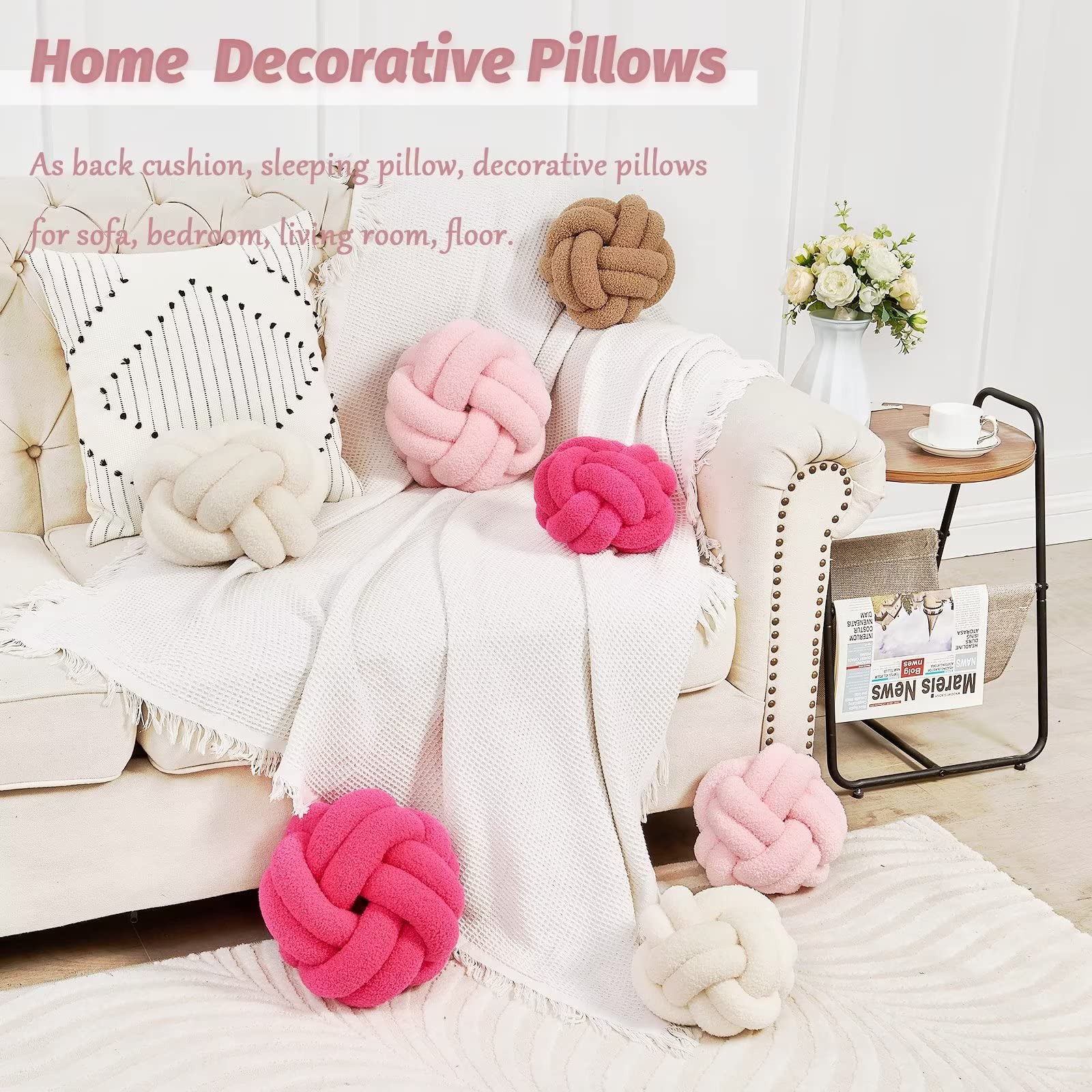 Uvvyui Knot Pillow Ball, Soft Pink Home Decor Knotted Pillows, Handmade Round Plush Throw Pillow, Aesthetic & Cute Large Decorative Pillows for Bed, Floor, Couch, Bedroom Home Decor 8 inches