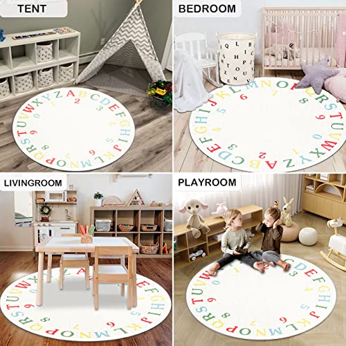 47" Colorful ABC Rug Kid Rug for Nursery Playroom Bedroom,4ft Circle Rugs with Storage Basket for Classroom,Round Baby Play Mat with Carpet Gripper (47inch,Rainbow)