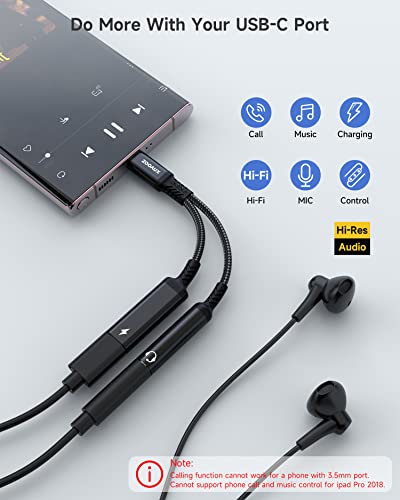 ZOOAUX USB C to 3.5mm Headphone and Charger Adapter,2 in 1 USB C to Aux Audio Jack with PD 60W Fast Charging Dongle Cable Cord,Compatible with S22/S21/S20/S20+ Ultra, Note 20/10,Pixel 4/3 XL(Black)
