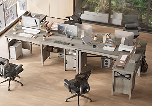 Bestier L-Shaped Home Office Computer Desk with Storage Cabinet & Bookshelf, Farmhouse Office Table for Writing Study, 60 x 42 Inch Convertible Corner Workstation Table with Shelves, Gray