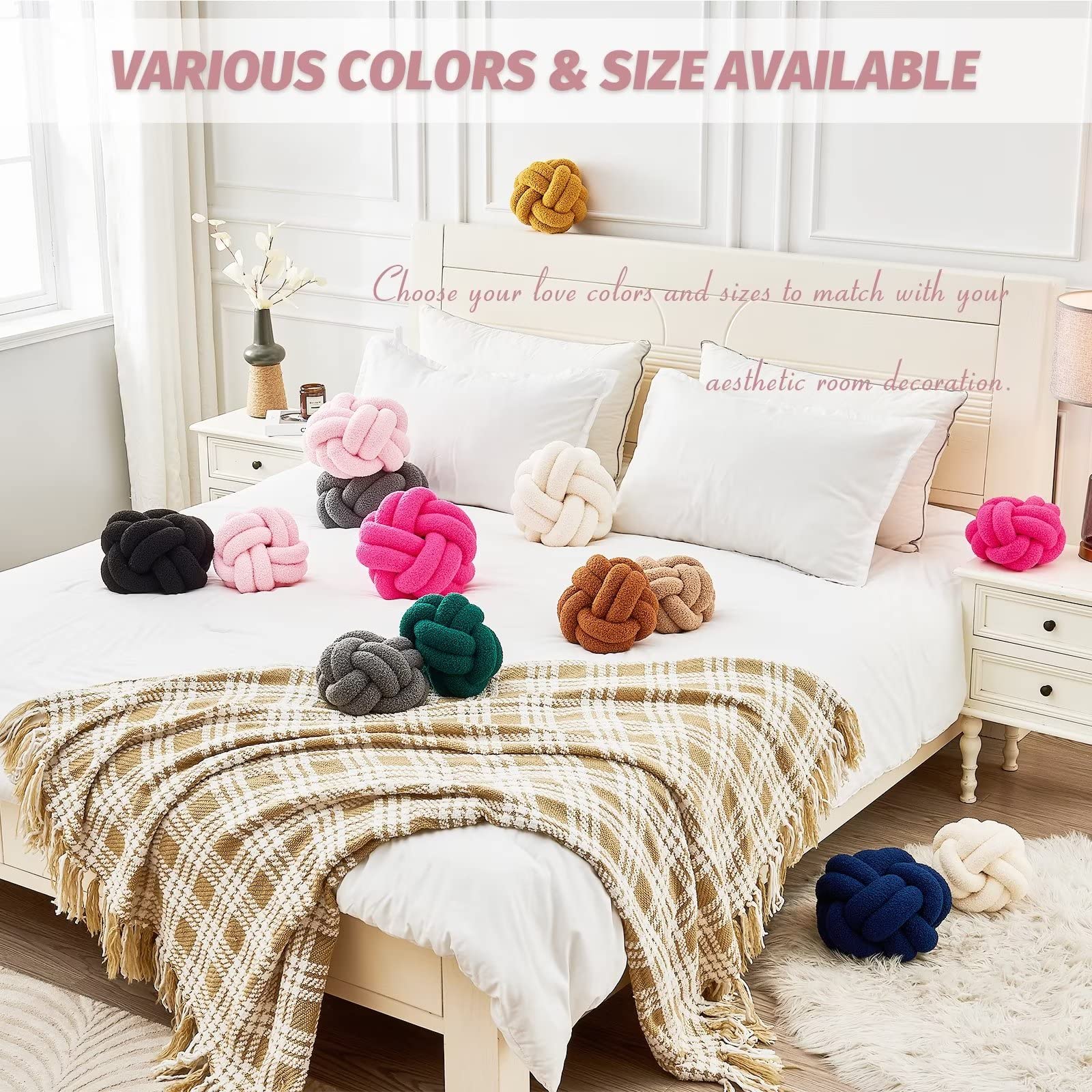 Uvvyui Knot Pillow Ball, Soft Pink Home Decor Knotted Pillows, Handmade Round Plush Throw Pillow, Aesthetic & Cute Large Decorative Pillows for Bed, Floor, Couch, Bedroom Home Decor 8 inches