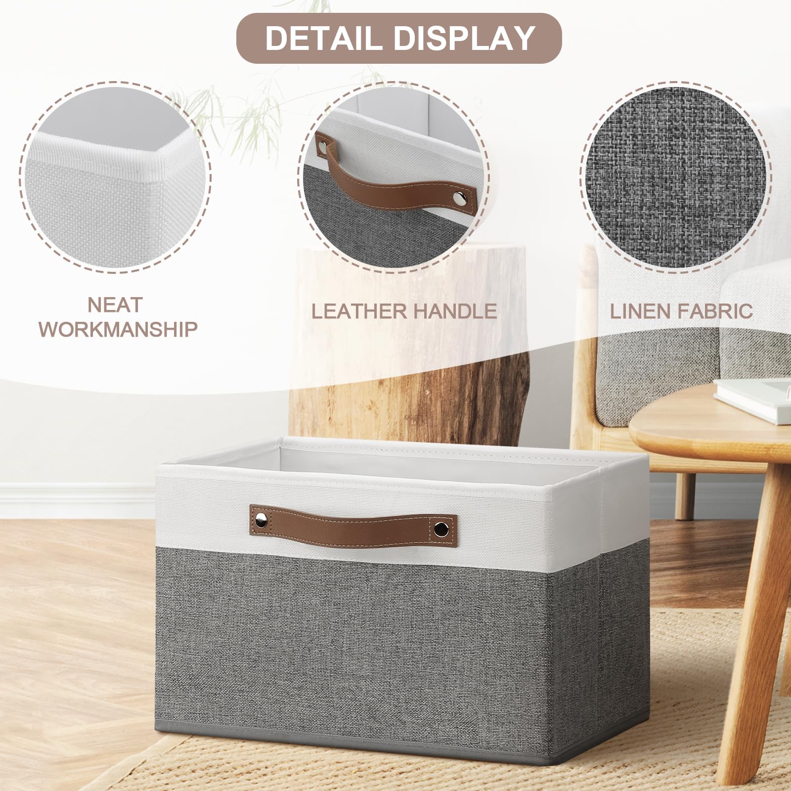 LOVSTORAGE Storage Boxes, 3 Pack Fabric Collapsible Storage Organizer Container with Leather Handle, 13 x 9 x 8 inch Rectangular Storage Bins Baskets for Shelves Home Nursery, White/Grey
