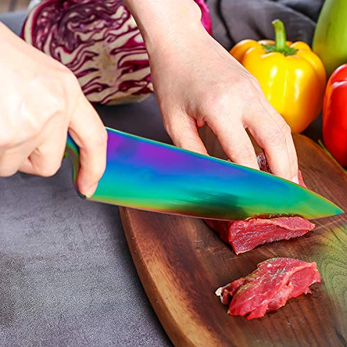 WELLSTAR Chef Knife Set of 2, Razor Sharp German Stainless Steel Blade and Ergonomic Comfortable Handle with Rainbow Titanium Coating, 8β Chef and 3.5β Paring for Kitchen Cutting β Gift Box Pack