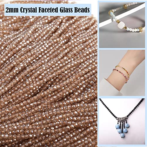 1850Pcs 2mm Crystal Faceted Glass Beads, Diamond Cut Gemstone Strand, Micro 48 Faceted Tiny Glass Beads for DIY Jewelry Making (Champagne Gold)