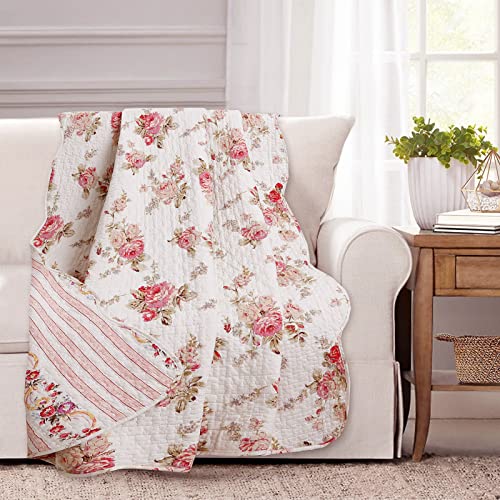 Cozy Line Home Fashions Romantic Cottage Peachy Pink Peony Shabby Chic Chintz Floral Stripe Cotton Décor Throw Blanket (Set of 1)