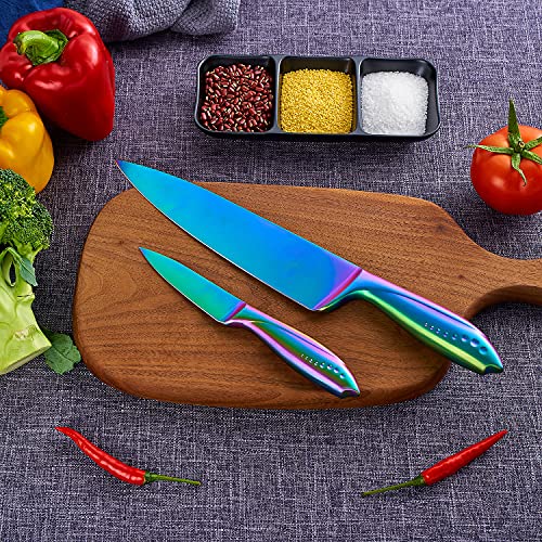 WELLSTAR Chef Knife Set of 2, Razor Sharp German Stainless Steel Blade and Ergonomic Comfortable Handle with Rainbow Titanium Coating, 8β Chef and 3.5β Paring for Kitchen Cutting β Gift Box Pack