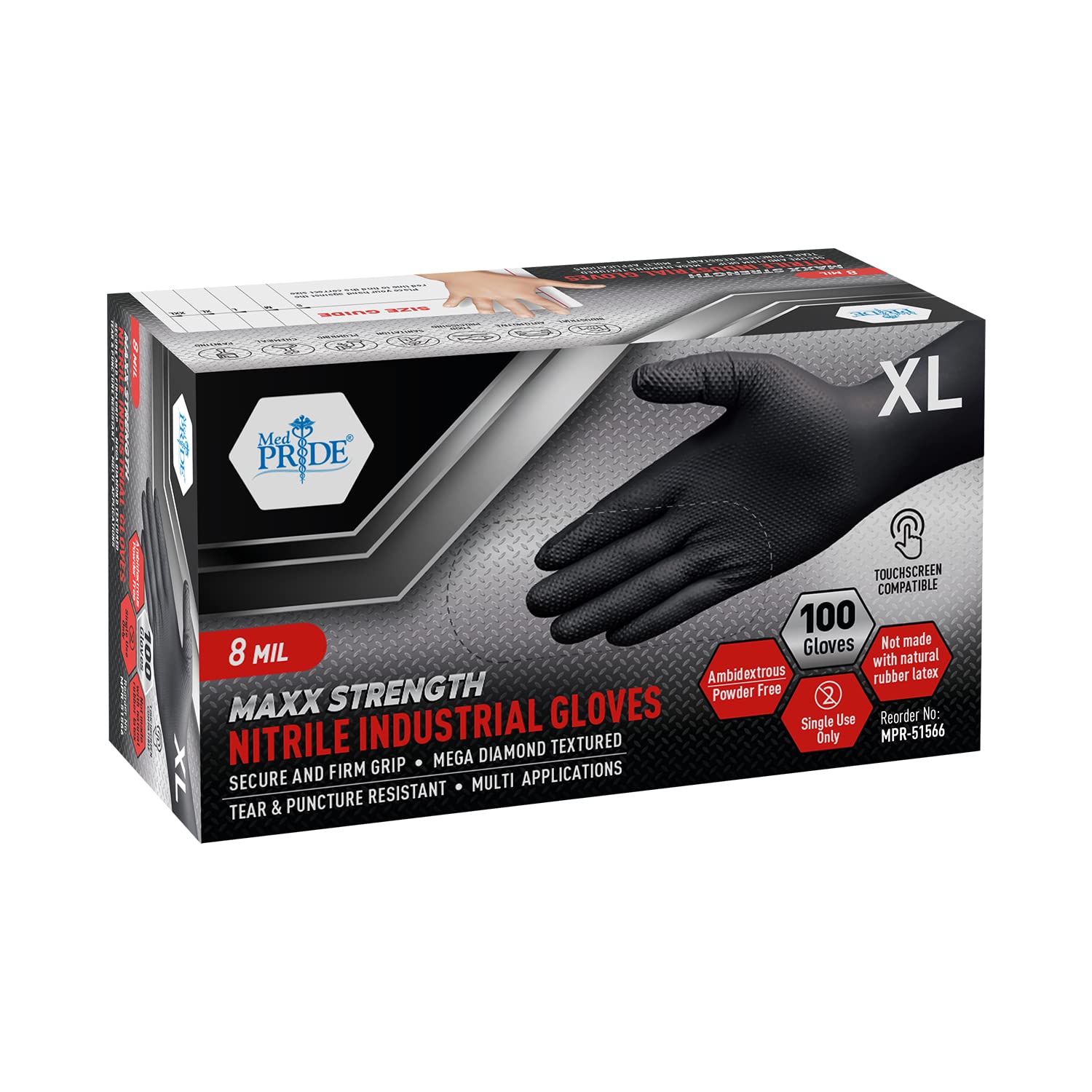 MED PRIDE Maxx Strength Nitrile Industrial 8 Mil Thick 100 Gloves/XX-Large - Diamond Texture Disposable Safety- Heavy-Duty, Tear-Resistant Mechanic Automotive Food Handling Gloves- Black