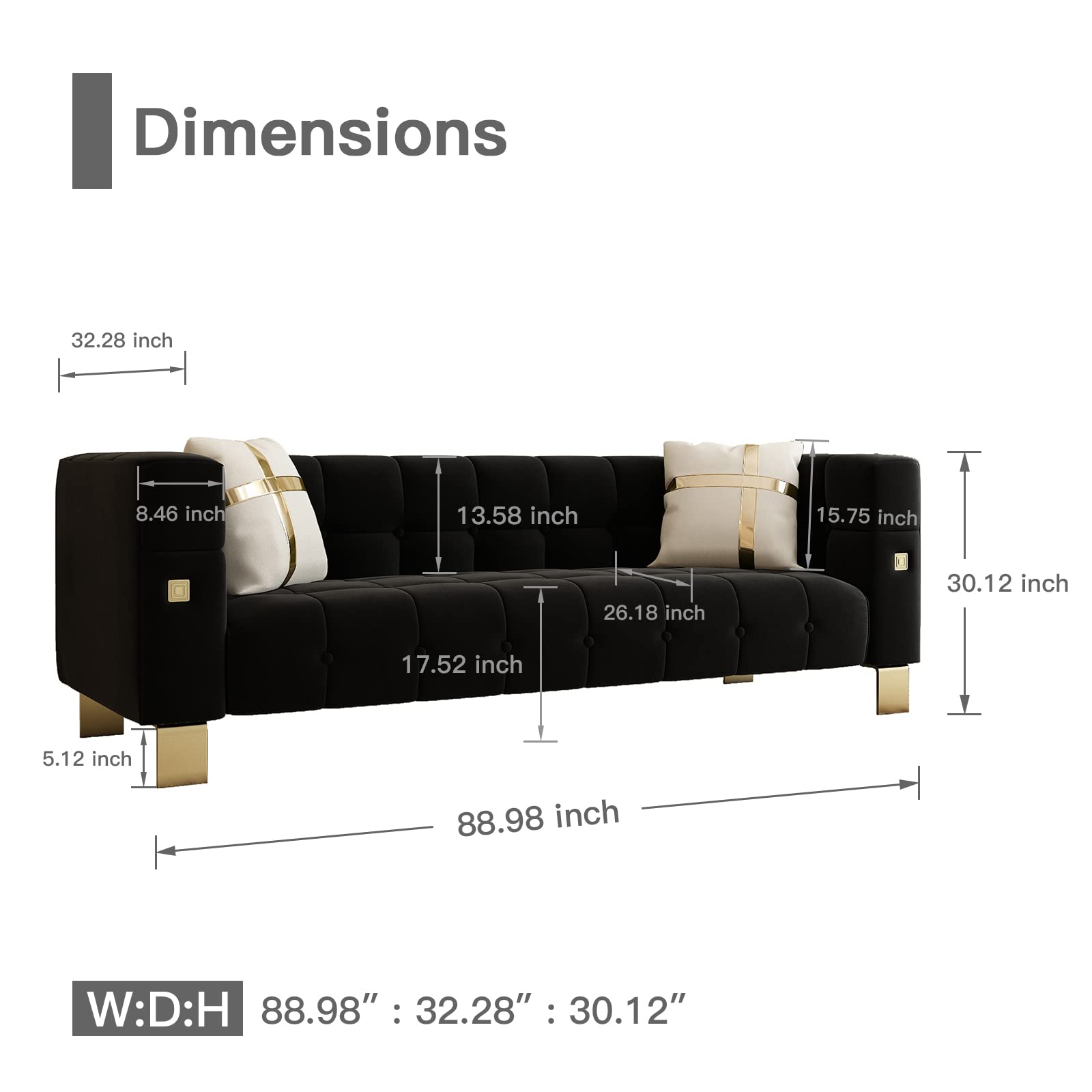 Hommoo Mid Century Modern Sofa for Living Room Velvet Sofa Small Couch for Small Space Chesterfield Sofa Couch with Gold Legs for Apartment Bedroom Office with Pillows 89" Set of 2 Black
