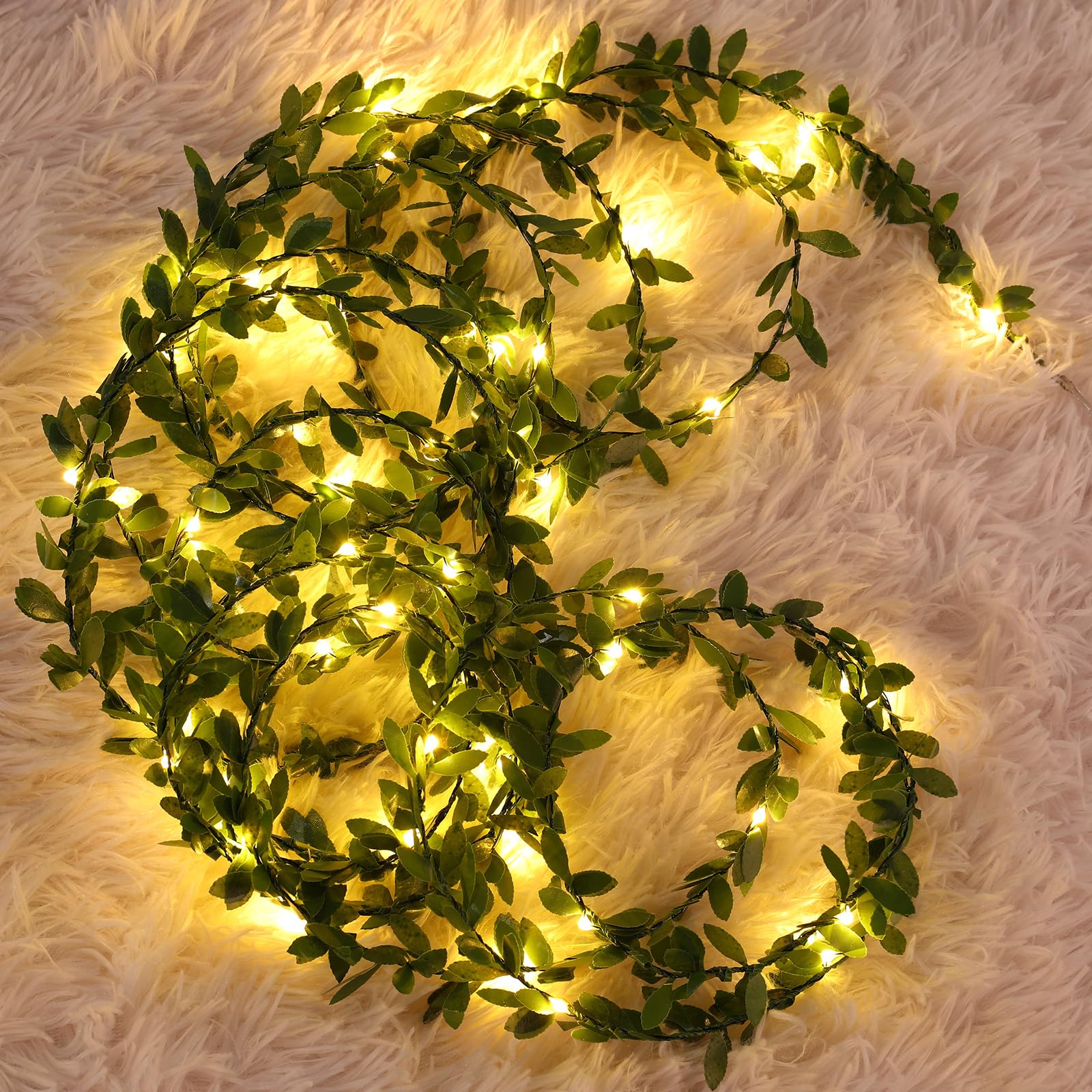 Mikasol Artificial Garland with Led Fairy Lights Battery Operated, 1 Pack Leaf Lights, Vine Hanging Lights for Bedroom, Christmas, Parties, Wedding, Centerpiece, Decoration (5m/16ft Warm White)