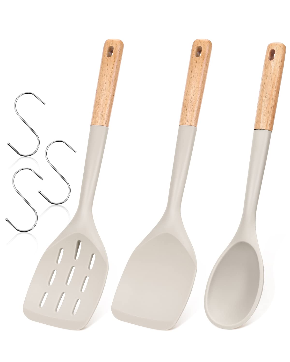 Pack of 3 Silicone Spatula, Non Stick Cooking Utensil Set Wooden Handle Kitchen Turner for Baking Mixing Grilling Serving Food Heat Resistant Non Scratch Hooks Included,Khaki