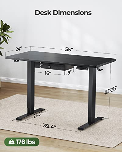 Marsail Electric Height Adjustable Standing Desk with Drawer - 55x24 Inch Ergonomic Workstation for Home Office, Computer and Gaming