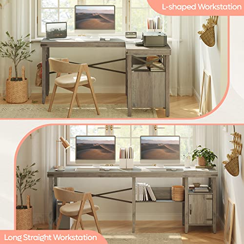 Bestier L-Shaped Home Office Computer Desk with Storage Cabinet & Bookshelf, Farmhouse Office Table for Writing Study, 60 x 42 Inch Convertible Corner Workstation Table with Shelves, Gray