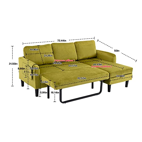 Eafurn Sectional Pull Out Bed, PU Leather Upholstered 3 Seats Sleeper Reversible Chaise Lounge w/Storage, Modern Design 72" L-Shaped Corner Sofa & Couches for Living Room, Olive