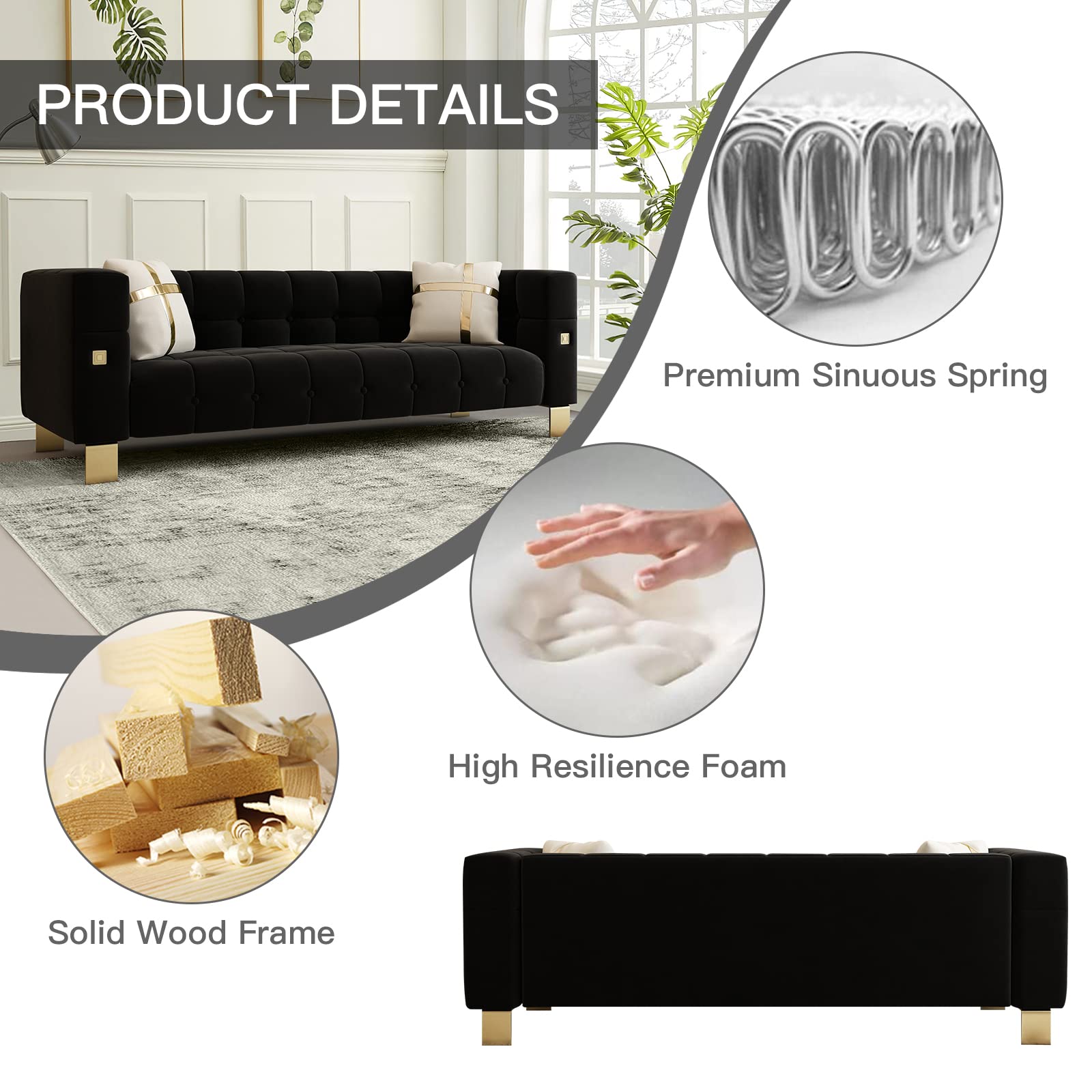 Hommoo Mid Century Modern Sofa for Living Room Velvet Sofa Small Couch for Small Space Chesterfield Sofa Couch with Gold Legs for Apartment Bedroom Office with Pillows 89" Set of 2 Black