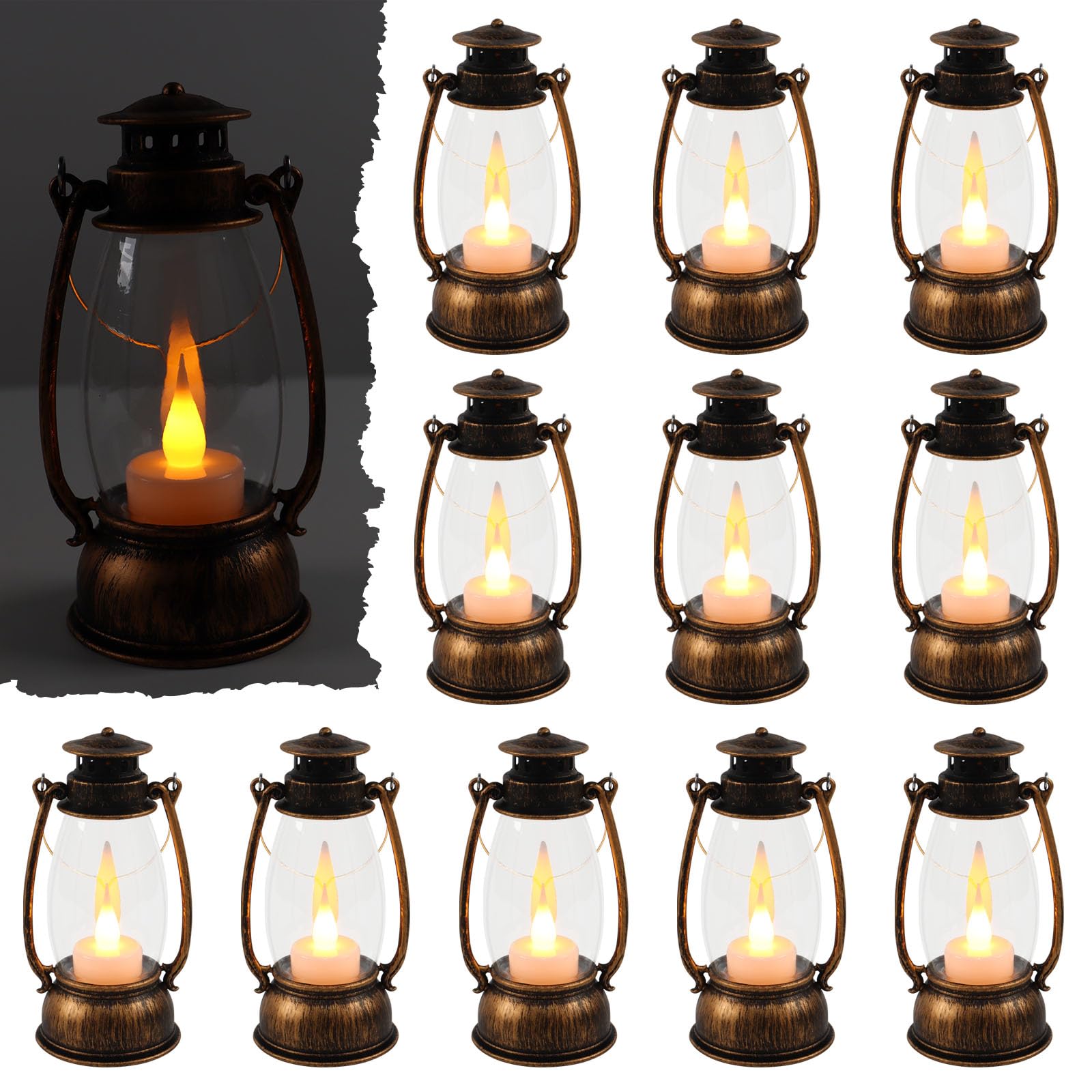Reperla 12Pcs Mini Lantern Decorative with Flickering LED Candle, Bulk 6Inch Hanging Candle Lantern, Table Centerpiece, Vintage Lantern Decorations for Western Party Decor,Battery Included (Brown)