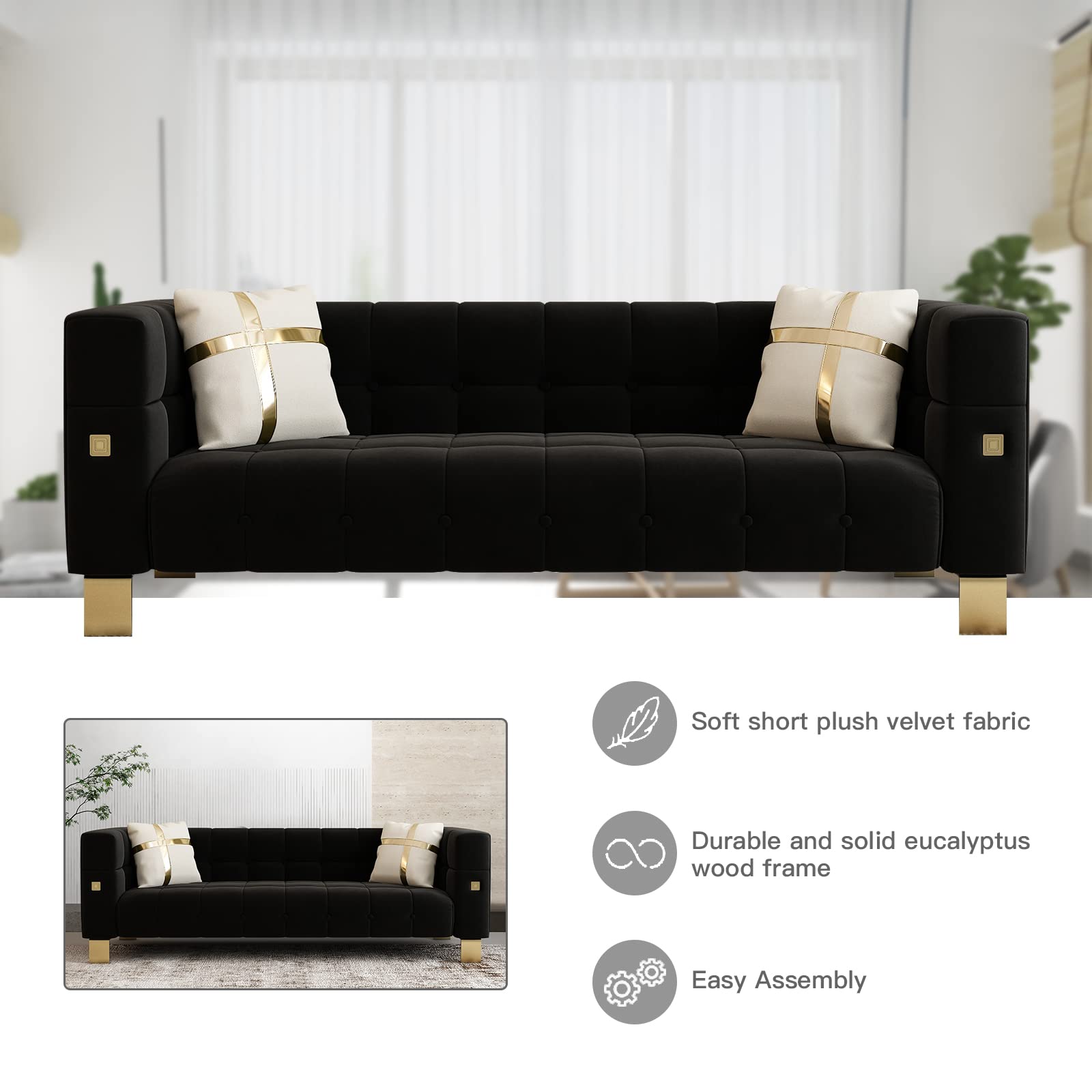 Hommoo Mid Century Modern Sofa for Living Room Velvet Sofa Small Couch for Small Space Chesterfield Sofa Couch with Gold Legs for Apartment Bedroom Office with Pillows 89" Set of 2 Black