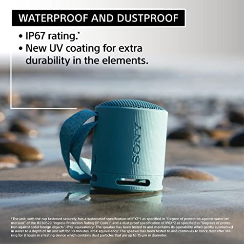 Sony SRS-XB100 Wireless Bluetooth Portable Lightweight Super-Compact Travel Speaker, Durable IP67 Waterproof & Dustproof Shower Speaker, 16 Hour Battery, Versatile Strap, & Hands-free Calling, Blue