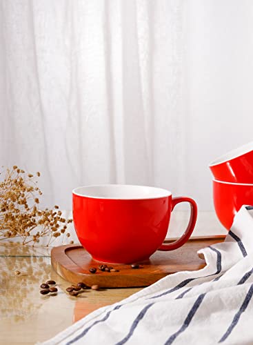 Cappuccino Cups, Red Porcelain Jumbo Coffee Mug Set of 4 Christmas Gift - 16 Ounce Cups with Handle for Hot or Cold Drinks like Cocoa, Milk, Tea or Water - Smooth Ceramic