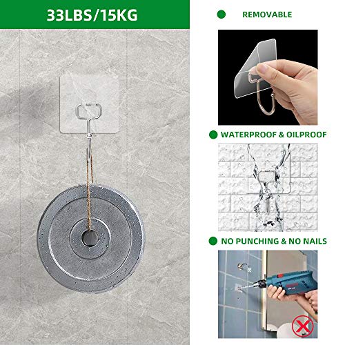SUNDOKI Large Adhesive Wall Hooks 33LB(Max), Self Adhesive Hooks Removable Nail-Free Transparent Waterproof Hooks for Hanging Bathroom Kitchen & Home Utilities(10 Pack)