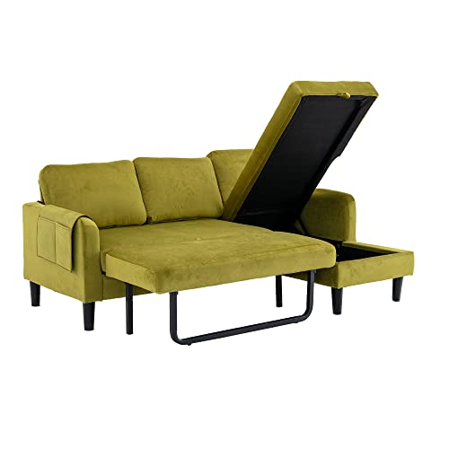 Eafurn Sectional Pull Out Bed, PU Leather Upholstered 3 Seats Sleeper Reversible Chaise Lounge w/Storage, Modern Design 72" L-Shaped Corner Sofa & Couches for Living Room, Olive