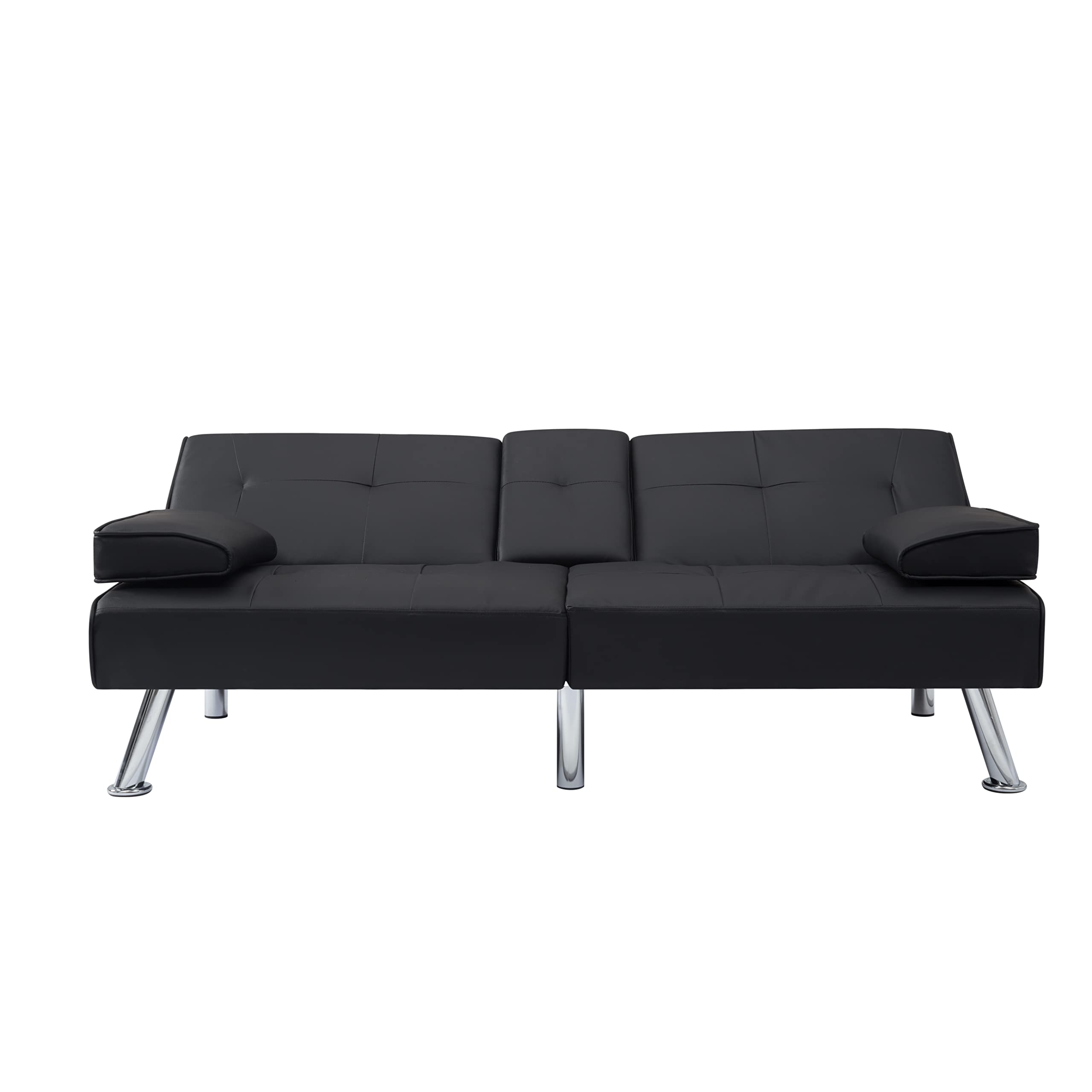 Futon Sofa Convertible Sleeper Couch Bed Daybed Loveseat,Faux Leather Folding Recliner with 2 Cup Holders,Removable Soft Pillow-Top Armrest,3 Angles for Living Room Small Place