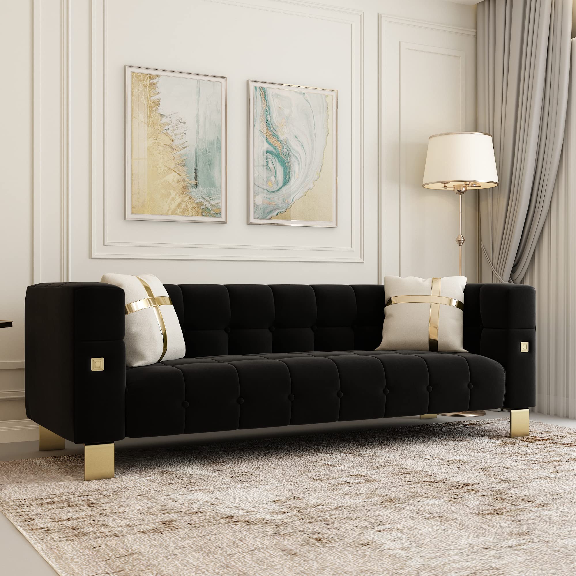Hommoo Mid Century Modern Sofa for Living Room Velvet Sofa Small Couch for Small Space Chesterfield Sofa Couch with Gold Legs for Apartment Bedroom Office with Pillows 89" Set of 2 Black