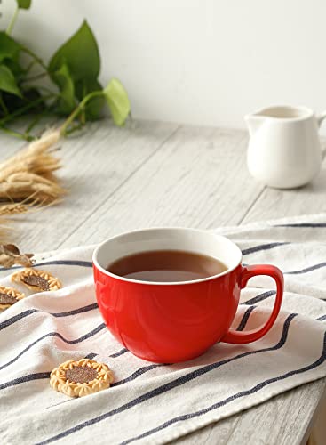 Cappuccino Cups, Red Porcelain Jumbo Coffee Mug Set of 4 Christmas Gift - 16 Ounce Cups with Handle for Hot or Cold Drinks like Cocoa, Milk, Tea or Water - Smooth Ceramic