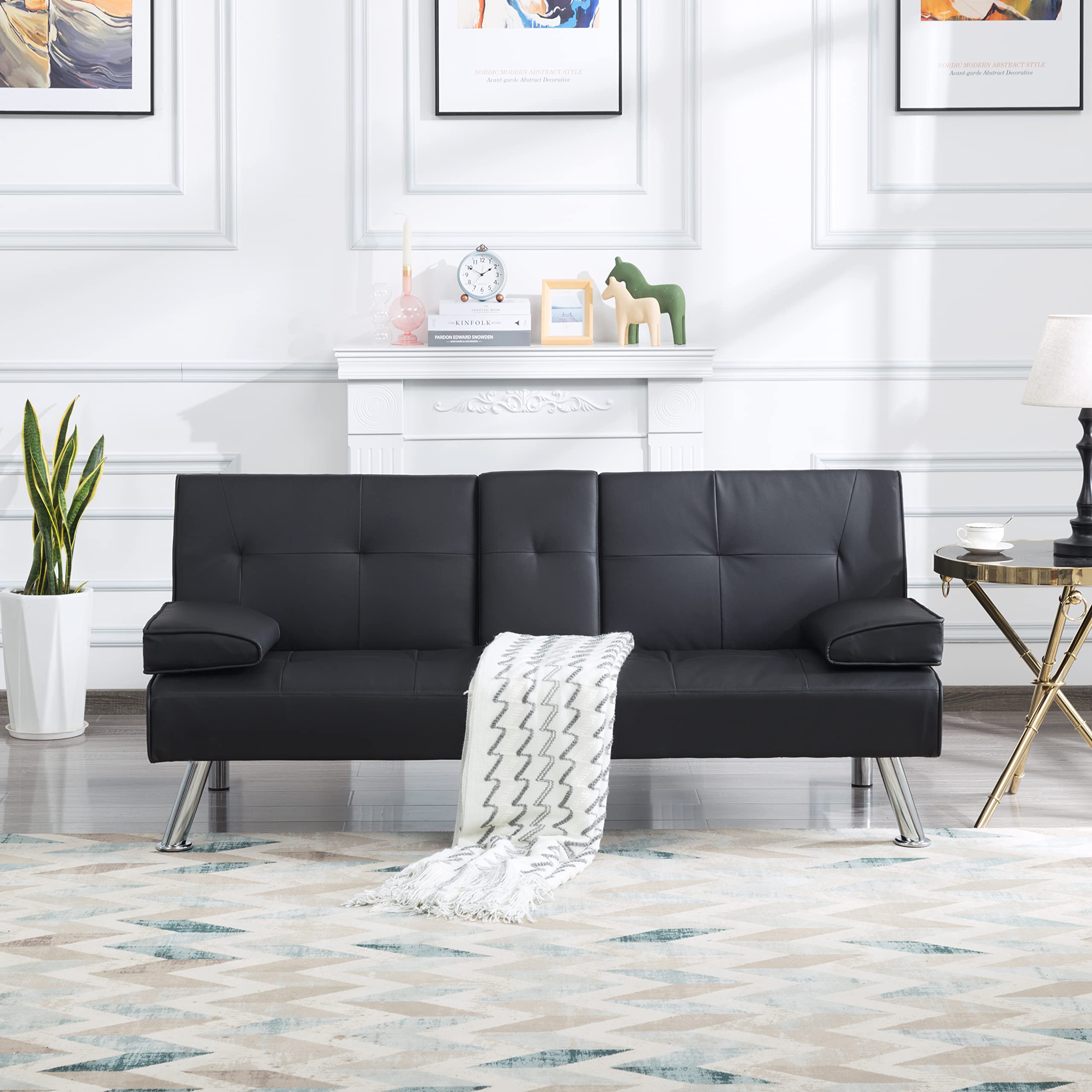 Futon Sofa Convertible Sleeper Couch Bed Daybed Loveseat,Faux Leather Folding Recliner with 2 Cup Holders,Removable Soft Pillow-Top Armrest,3 Angles for Living Room Small Place