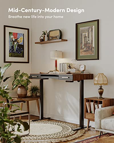 BANTI 48" x 26" Electric Standing Desk, Mid-Century Modern Desk with 3 Drawers, Stand Up Home Office Desks, Vintage Top