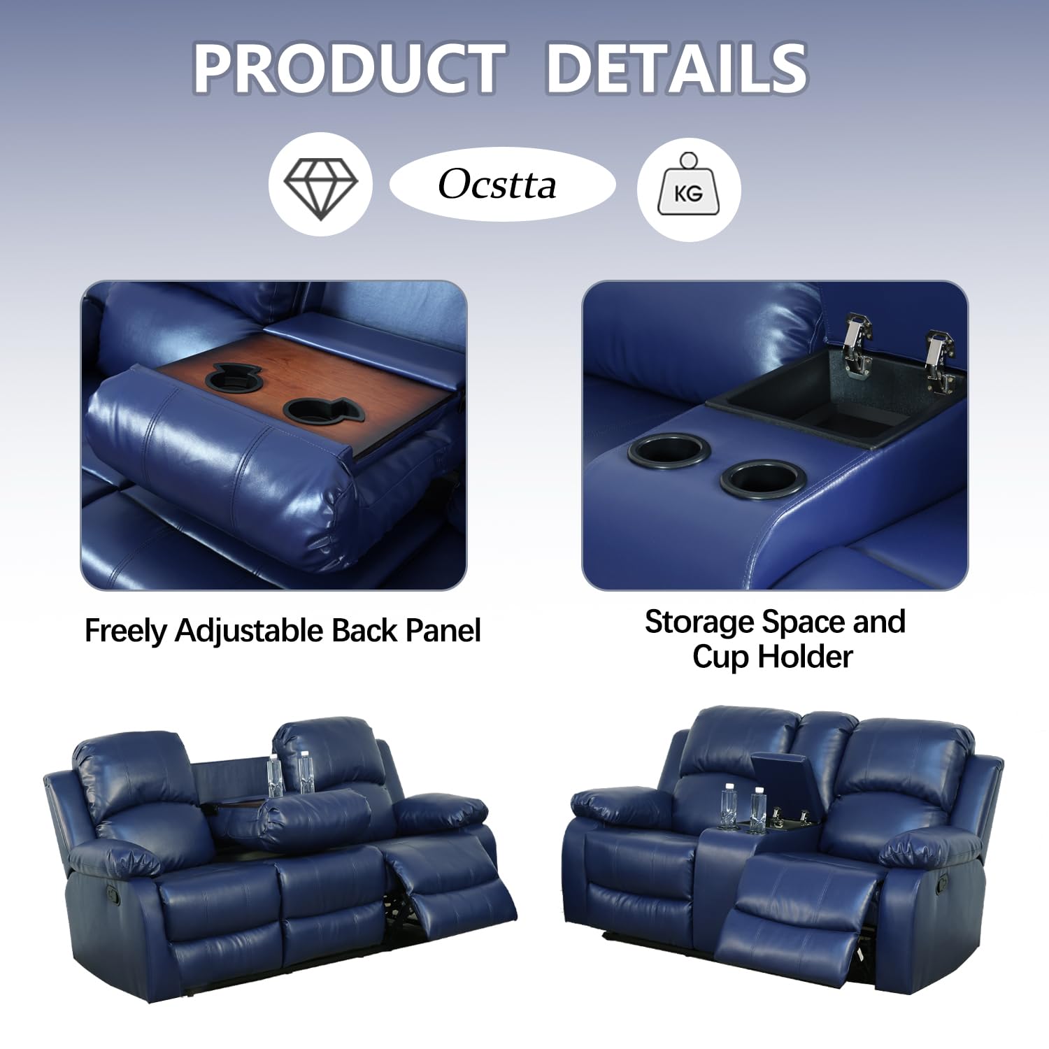 Ocstta Manual Leather Recliner Sofa Set for Living Room Furniture Set,Leather Recliner Couch Set for Home/Office,Leather Couch Set for 3-Pieces(Sofa+Loveseat+Chair) Blue