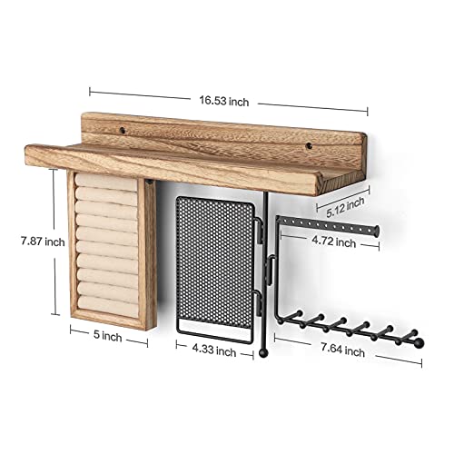 SOLIMINTR Hanging Jewelry Organizer Wall Mount Jewelry Holder with Rustic Wood Shelf, Ring Display Box, Ear Studs Earring Holder, Rotating Necklace Holder Organizer