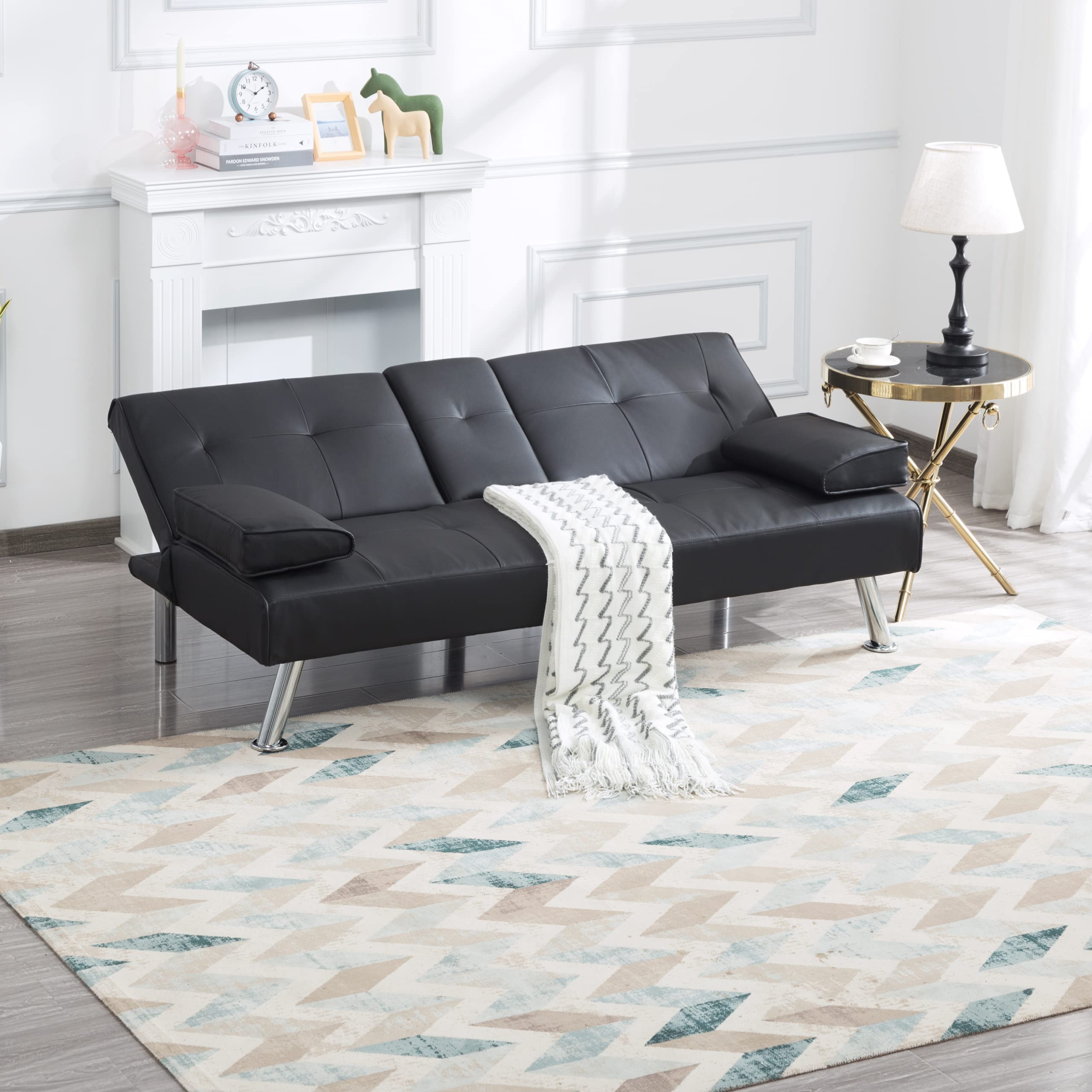 Futon Sofa Convertible Sleeper Couch Bed Daybed Loveseat,Faux Leather Folding Recliner with 2 Cup Holders,Removable Soft Pillow-Top Armrest,3 Angles for Living Room Small Place