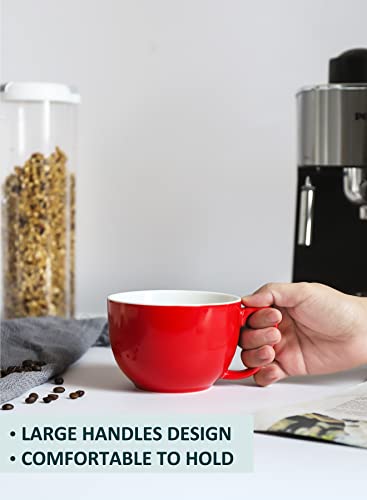 Cappuccino Cups, Red Porcelain Jumbo Coffee Mug Set of 4 Christmas Gift - 16 Ounce Cups with Handle for Hot or Cold Drinks like Cocoa, Milk, Tea or Water - Smooth Ceramic