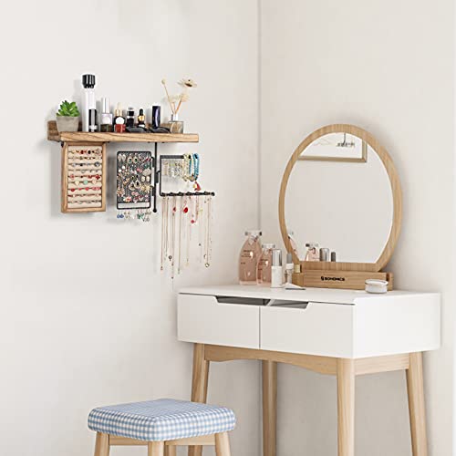 SOLIMINTR Hanging Jewelry Organizer Wall Mount Jewelry Holder with Rustic Wood Shelf, Ring Display Box, Ear Studs Earring Holder, Rotating Necklace Holder Organizer