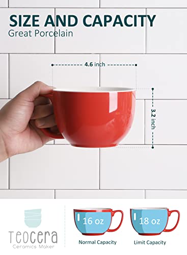 Cappuccino Cups, Red Porcelain Jumbo Coffee Mug Set of 4 Christmas Gift - 16 Ounce Cups with Handle for Hot or Cold Drinks like Cocoa, Milk, Tea or Water - Smooth Ceramic