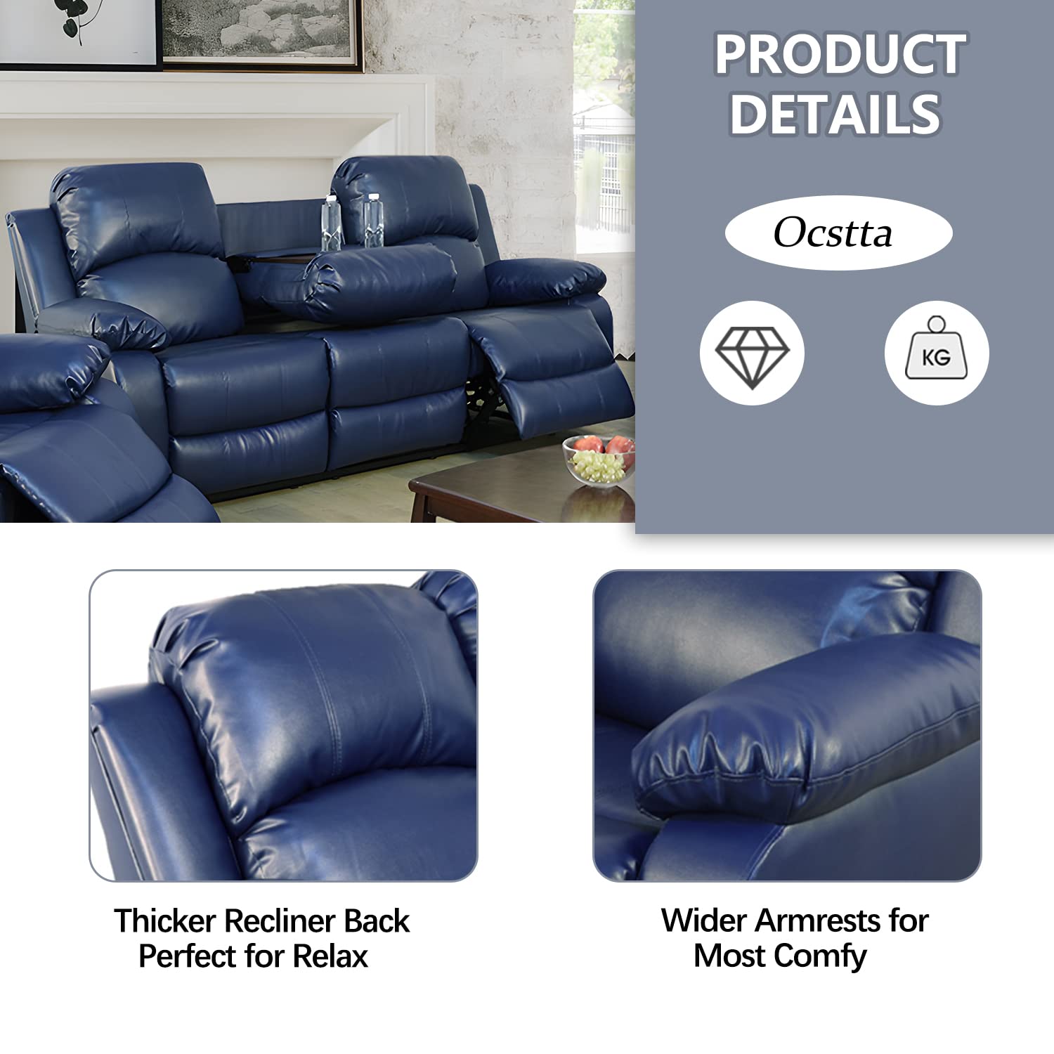 Ocstta Manual Leather Recliner Sofa Set for Living Room Furniture Set,Leather Recliner Couch Set for Home/Office,Leather Couch Set for 3-Pieces(Sofa+Loveseat+Chair) Blue