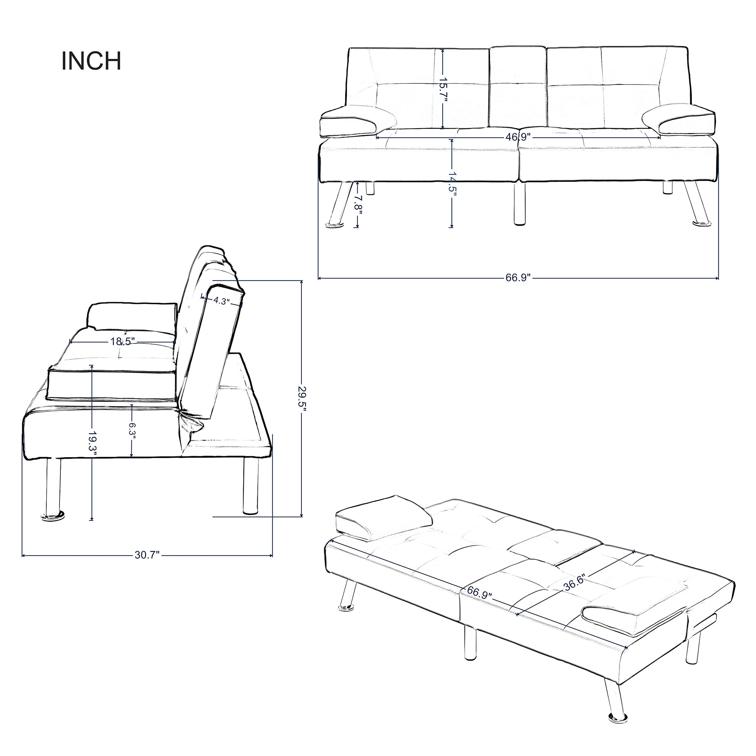 Futon Sofa Convertible Sleeper Couch Bed Daybed Loveseat,Faux Leather Folding Recliner with 2 Cup Holders,Removable Soft Pillow-Top Armrest,3 Angles for Living Room Small Place