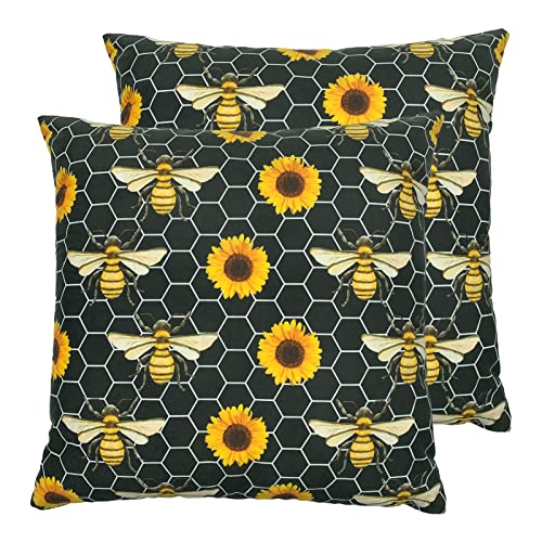 Deco4URLife Sunflower Bee on Black Honeycomb Background Set of 2 Throw Pillow Covers with Hidden Zipper, Square 18X18 inch/45x45 cm Cushion Covers for Outdoor Indoor Decor, Double-Sided Printed