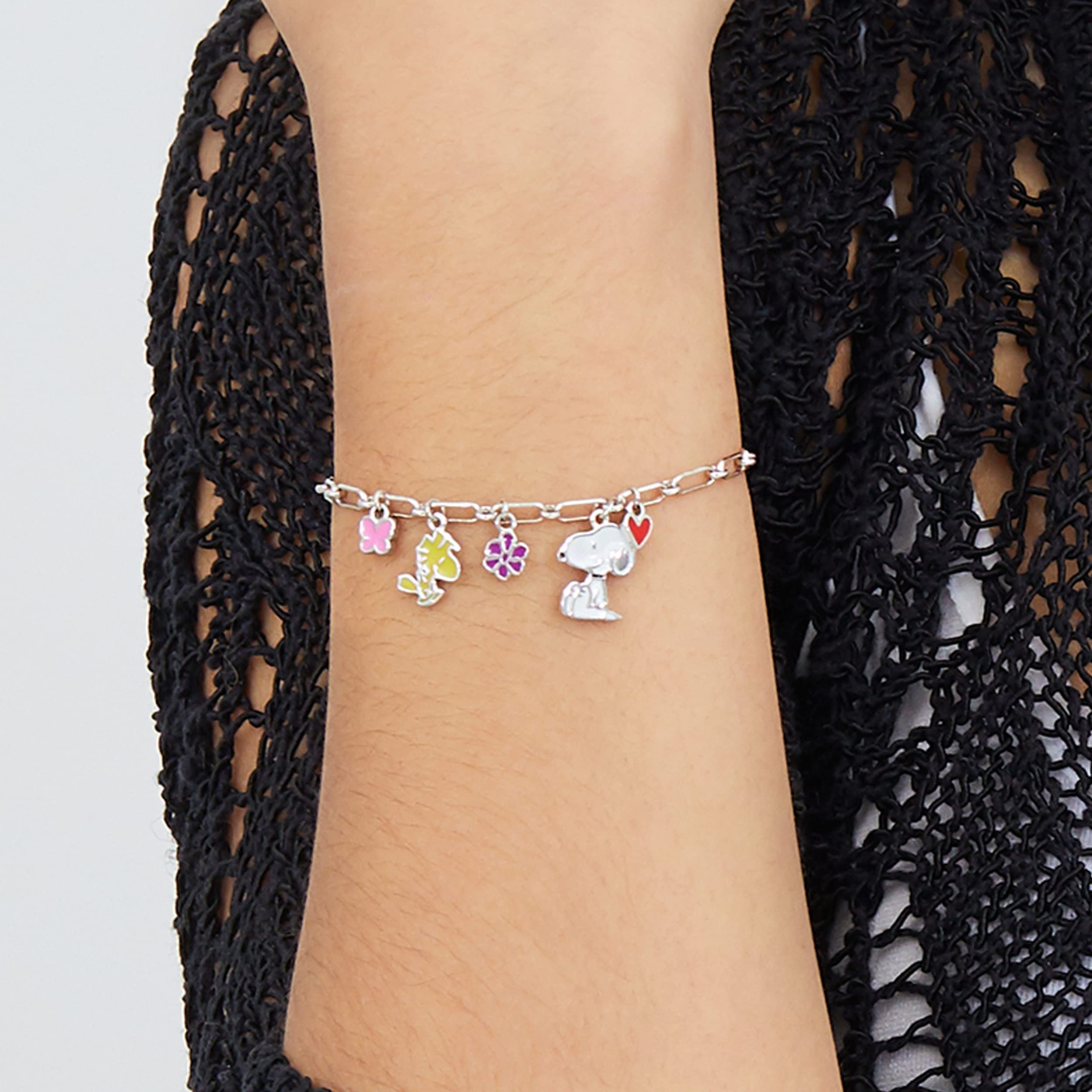 PEANUTS Womens Adjustable Lariat Charm Bracelet - Silver Plated Enamel Charm Bracelet with Snoopy - Official License