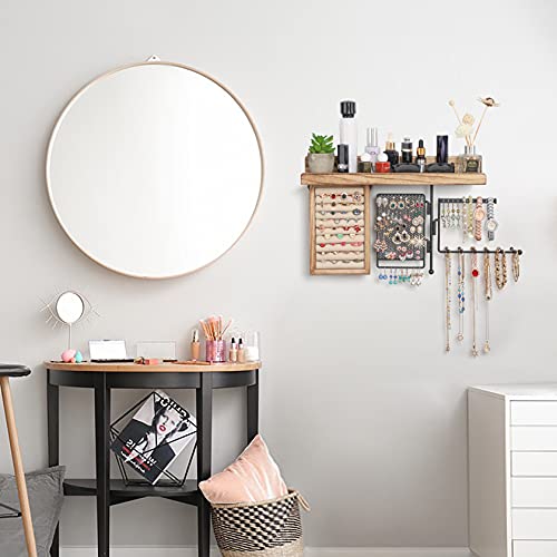 SOLIMINTR Hanging Jewelry Organizer Wall Mount Jewelry Holder with Rustic Wood Shelf, Ring Display Box, Ear Studs Earring Holder, Rotating Necklace Holder Organizer