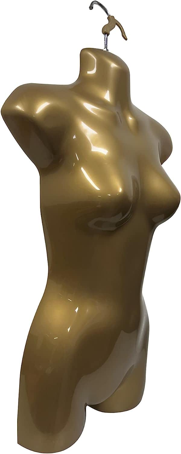DisplayTown 2 Gold Female Mannequin Hip Long Body Torso Dress Forms & Hanging Hook, S-M Sizes