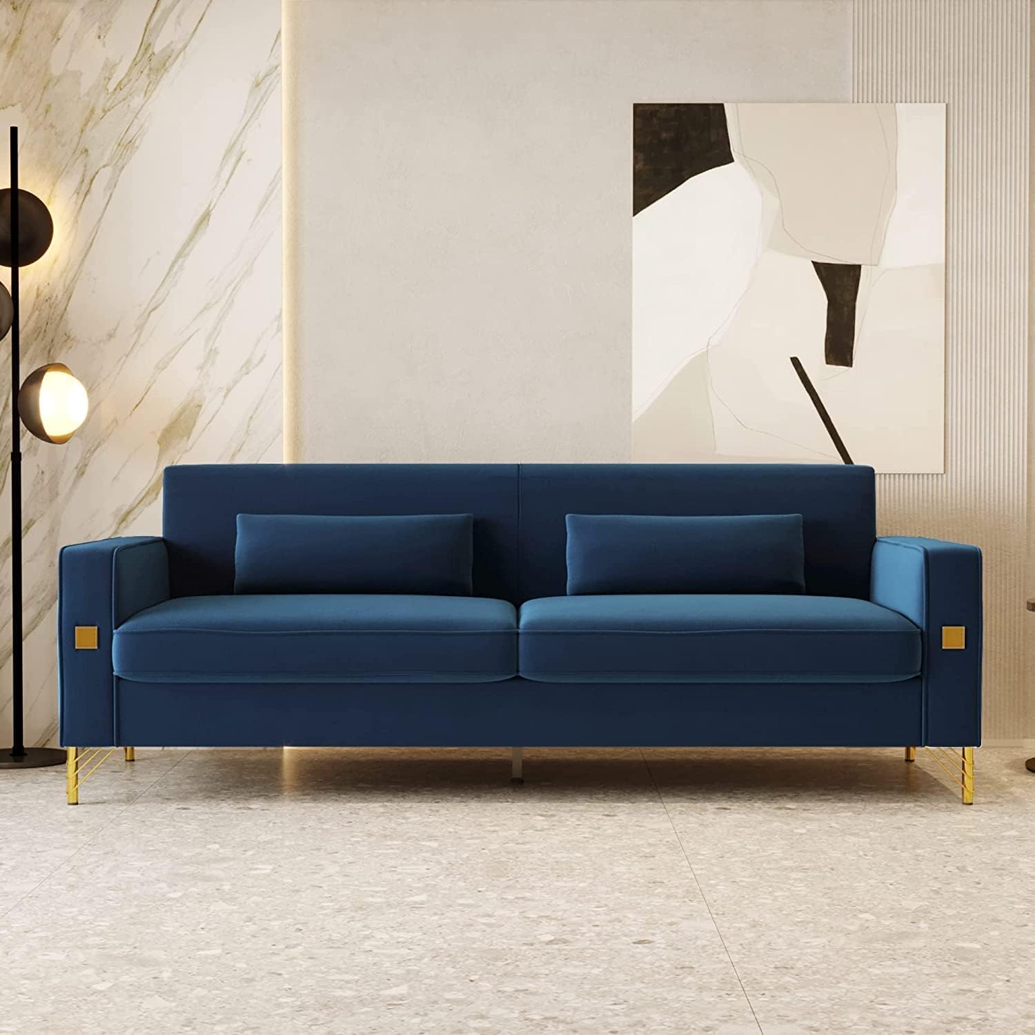 Goohome Tufted Couch, Chesterfield Velvet Upholstered 2-Seater Comfy Sofa, Living Room Furniture Sets, with Solid Wood Frame and Gold Legs, Fit for Bedroom, Office, B-Black d