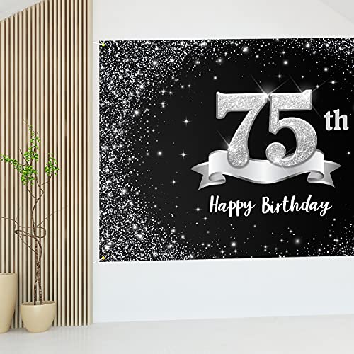 HAMIGAR 6x4ft Happy 75th Birthday Banner Backdrop - 75 Years Old Birthday Decorations Party Supplies for Women Men - Black Silver