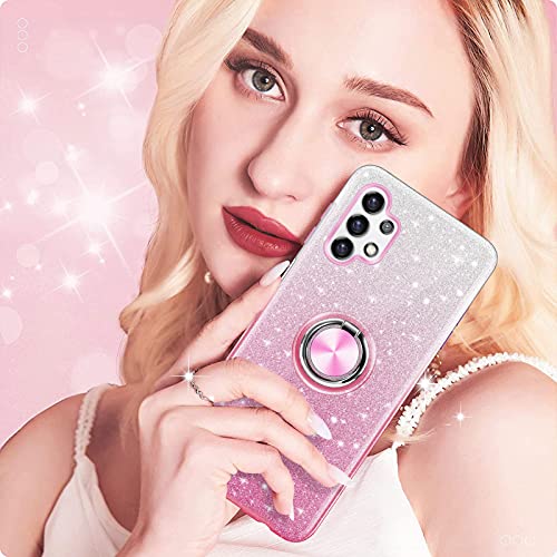 KSWOUS Galaxy A32 5G Case with 2 Pack Screen Protector, Crystal Clear Glitter Sparkly Bling Pink Protective Cover with Kickstand for Women Girls Slim Shockproof Case for Samsung A32 5G (Pink)